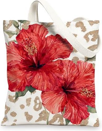 Generic Sacs à provisions en toile dhibiscus, élégants sacs à provisions réutilisables avec imprimé floral, motif animal, légers, lavables, épaule S, Rouge, 1