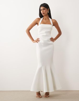 Asos Robe longue en imitation n&eacute;opr&egrave;ne avec encolure carr&eacute;e et noeud dans le dos - Blanc