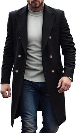 Generic Trench coat long pour hommes, manteau coupe-vent pour lautomne et lhiver, manteau chaud à revers cranté pour lautomne 2025, Noir, XXL