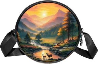 Generic Sac &agrave; bandouli&egrave;re Circle pour femme, petit sac &agrave; bandouli&egrave;re Art Mountain Deer avec fermeture &eacute;clair, bretelles r&eacute;glables, sac &agrave; main rond d&eacute;contract&eacute;