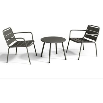 Vente-Unique Salon de jardin en m&eacute;tal - 2 fauteuils bas empilables et une table dappoint ronde - Gris anthracite - MIRMANDE de MYLIA