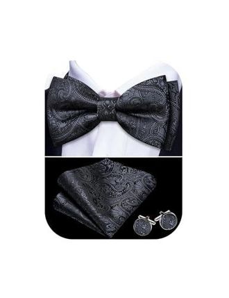 Barry.Wang Ensemble de noeud papillon, boutons de manchette carr&eacute; de poche en soie motif cachemire pour homme - Noir - Taille Unique