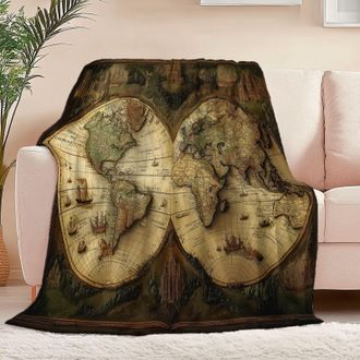 Generic Decke Weich Flanell Plüsch Fleece Wohndecke Vintage Weltkarte Muster Überwurf Decke, Leichte Gemütliche Plüschdecke Braun für Schlafzimmer Wohnzimmer 
