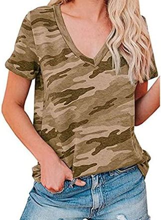 Generic T-shirt décontracté à manches courtes et col en V imprimé léopard pour femme 2026, kaki, XXL