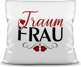 Tassendruck Kissen mit Spruch Traumfrau - Verliebt/Liebe/Geschenk-Idee/Paar/Kissenbezug inkl. Kissenfüllung/Farbe: Weiss - Polyester