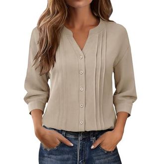 Generic Haut &agrave; manches longues pour femme - D&eacute;contract&eacute; - Col en V - Chemise pliss&eacute;e boutonn&eacute;e - Tenue dautomne quotidienne, kaki, XXL
