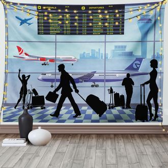 Abakuhaus Flughafen Wandteppich, Flugzeuge Menschen Flug Vorstand, aus Weiches Mikrofaser Stoff Klare Farben ohne verblassen Druck, 150 x 110 cm, Mehrfarbig