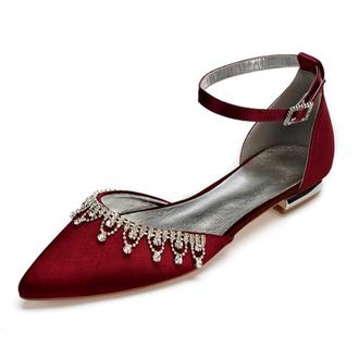 Generic Satin Chaussures De Mariage Mari&eacute;e Bout Pointu &Eacute;t&eacute; Plates Mariage Soir&eacute;e Chaussures Femmes 2Cm,Dark Red,36 EU