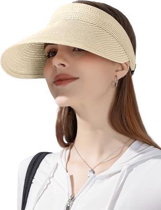 Feoya Femmes Chapeau de Paille Sun Visor Chapeaux Large Bord Protection UV Chapeau dété Packable Pliable Femmes Roll Up Queue de Cheval Visor Cap Outdoor Va