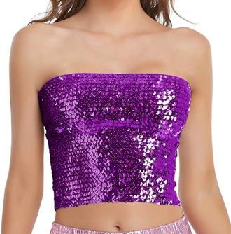 Generic Haut &agrave; paillettes arc-en-ciel pour femme - Haut tube &agrave; paillettes pour femme - Couleur unie - Tunique brillante d&eacute;contract&eacute;e - Corset scintillant - Ha