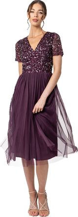 Maya Damen verziertes Midi-Abendkleid Damen V-Ausschnitt mit kurzen Ärmeln für Abschlussball Hochzeit Brautjungfer, beere, 48 EU, 20 UK