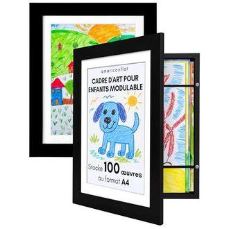 Americanflat Cadre Dessin Enfant à Changer A4 Noir avec Passe-Partout et 25,5 x 32 cm sans Passe-Partout - Cadres avec Ouverture Frontale Pouvant Contenir 100 Pièc