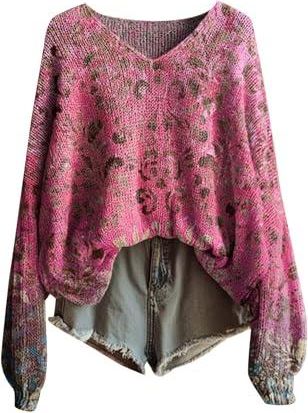 Generic Pull tricot&eacute; pour femme tendance &agrave; manches longues et col en V imprim&eacute; floral chemisier automne hiver chaud pull l&eacute;ger confortable pour sortie quotidi