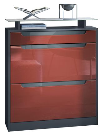 Vladon Schuhschrank Fiesta f&uuml;r 16 Paar Schuhe mit 2 Klappen und Glasablage, Anthrazit matt/Bordeaux Hochglanz, Griffmulden in Grau Hochglanz (89 x 104 x 23 c