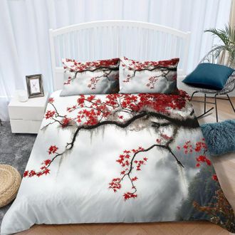 Generic Rote Ahornbl&auml;tter Bettw&auml;sche 135x200 3D Drucken Chinesische &Auml;sthetik Bettw&auml;sche-Sets Weiche Kuschelig Mikrofaser Bettbezug mit 2 Kissenbez&uuml;ge 80x80 cm