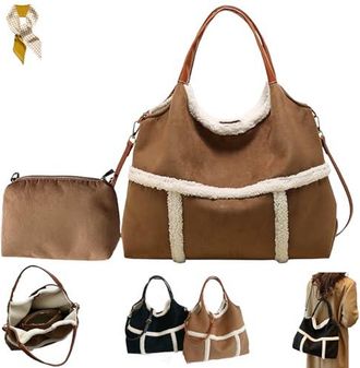Generic Women Suede Tote with Faux Lamb Wool Lined,Vintage Large Capacity Plush Shoulder Bag,Faux Fur Top Handle Handbag Travel Purse (Brown)