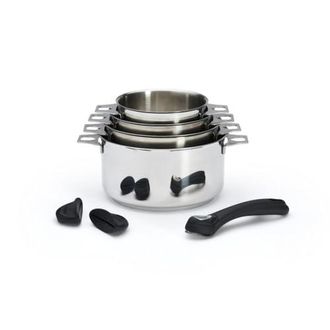 De Buyer De Buyer - Lot de 4 casseroles en inox MILADY TWISTY amovibles, 1 queue et 2 anses en silicones noires - Diamètre 14/16/18/20 cm -, Gris