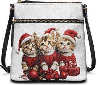 Coloranimal Petit sac &agrave; bandouli&egrave;re pour femme avec fermeture &eacute;clair sur le th&egrave;me de No&euml;l, Chat de No&euml;l mignon