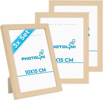 Photolini Bilderrahmen 10x15 Holz Natur aus MDF, 3er Set Poster-Rahmen, bruchsicheres Acrylglas, zum Aufhängen & Aufstellen, extra Zubehör - für Fotos & Poster
