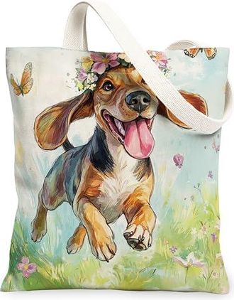 Generic Sac fourre-tout en toile motif chien coonhound printanier 33 x 38,1 cm, motif papillons amusants, sac d&eacute;picerie r&eacute;utilisable pour femme, peinture dani