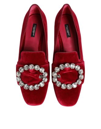 Dolce & Gabbana Womens Velvet Crystal Buckle Flat Red Cotton Elastane Viscose