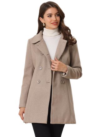 Allegra K Damen-Trenchcoat mit Peter-Pan-Kragen, zweireihig, lang, f&uuml;r den Winter, Pea Coat, Dunkelbeige, XS