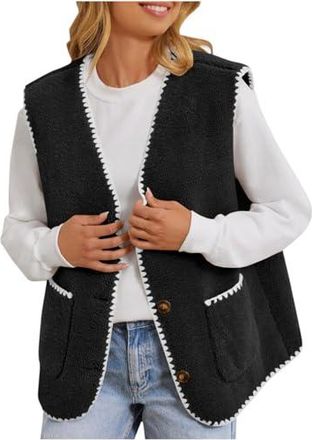 Minetom Gilet En Molleton Polaire Doux Sans Manche Coupe Femme Couleur Unie Blouson Bouton Veste Avec Poches A Noir XXL