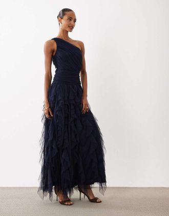 Lace & Beads Robe longue asym&eacute;trique de demoiselle dhonneur en tulle &agrave; volants en cascade - Bleu marine nuit