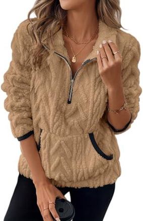 Generic Pull &agrave; fermeture &eacute;clair 1/4 pour femme, pull en polaire sherpa chaud pour lautomne surdimensionn&eacute; avec poche, kaki, XXL