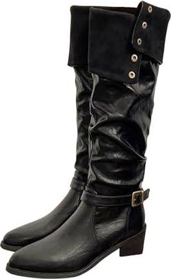 Generic Bottes montantes au genou pour femme - Bout pointu - Style d&eacute;contract&eacute; - &Eacute;l&eacute;gantes - Couleur unie - Boucle - Talon &eacute;pais - Confortables - &Agrave; enfiler, N