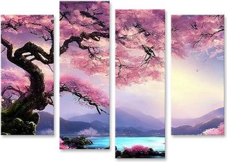 Islandburner Wandbild Japanische Kirschbl&uuml;ten an einem ruhigen Fluss auf Leinwand Bilder Bild Poster