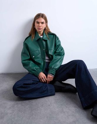 Topshop Bomber en PU grainé style années 80 - Vert foncé