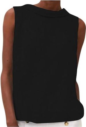 Generic D&eacute;bardeurs en coton et lin pour femme - Col haut - D&eacute;contract&eacute; - Sans manches - Camisole d&eacute;t&eacute; - Chemise basique de couleur unie - Haut court d&eacute;contrac