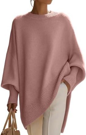 Generic Pull d&eacute;contract&eacute; &agrave; col rond et manches chauve-souris en tricot ample tendance r&eacute;tro paresseux manteau printemps c&ocirc;tel&eacute; chaud ch&acirc;le pull tops, rose, XX