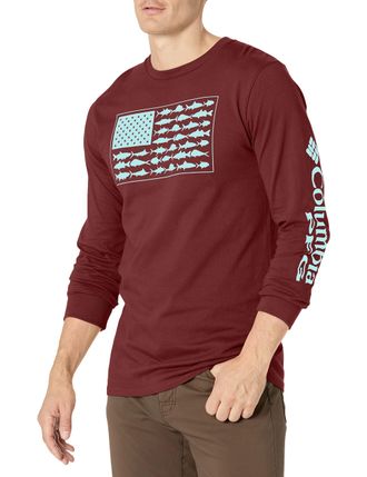 Columbia Herren Langarm Outdoor Angeln Camping Wandern T-Shirt, Rich Wine with Gulfstream, L