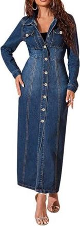 ORANDESIGNE Robe en Jeans Femme Longue Robes Jeans Manches Longues Maxi Robe en Denim Robes Taille Haute Automne Hiver A Bleu Foncé XXL