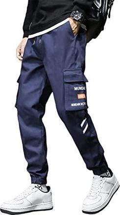 ORANDESIGNE Homme Pantalon de Jogging Hip Hop Sport Multi-Poches Streetwear Pantalon Cargo Joggers Q Bleu Foncé S