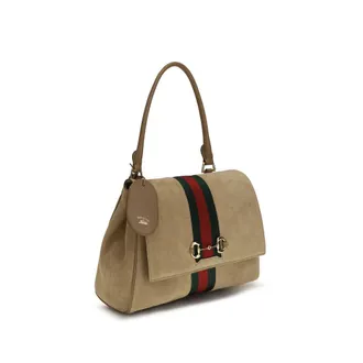Gucci Womens Web-Striped Suede Shoulder Bag Beige Calf Leather Bos