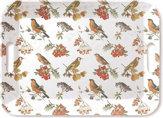 Ambiente Serviertablett Tablett mit Griffausschnitten Tray 47 x 33 cm Melamin Küchentablett Dekotablett Vögel Beeren und Zweige weiß bunt