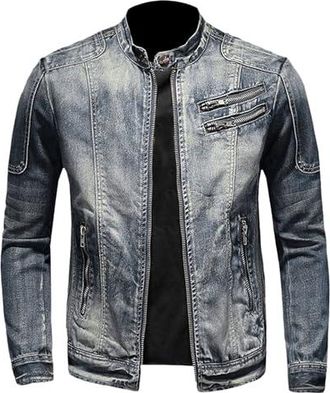 Generic Veste en jean r&eacute;tro pour homme avec col montant et fermeture &eacute;clair, bleu, XXL