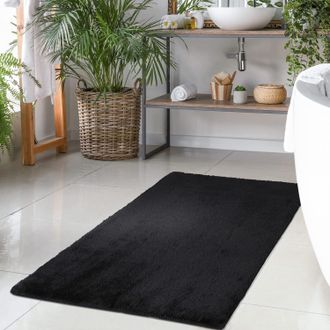 Carpet City Badteppich Schwarz - 40x60 cm Einfarbig - Badematte rutschfest, waschbar, weich, saugf&auml;hig, schnelltrocknend - Badvorleger Hochflor Soft Touch Badezim