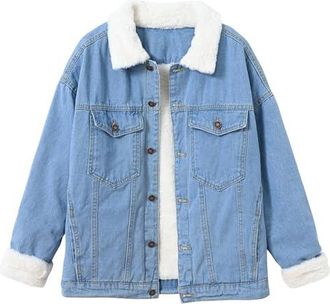 Generic Veste en jean femme chaude doubl&eacute;e polaire et fausse fourrure, col crant&eacute;, style trucker, bleu clair, taille XXL