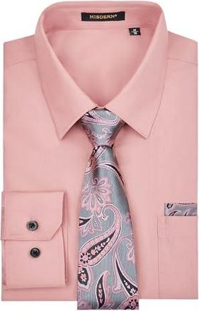 Hisdern Chemise Hommes Rose Manches Longues Chemise Habillée et Cravate sans Repassage Affaires Casual Mariage Slim Fit 2XL