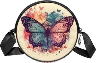 Generic Sac &agrave; bandouli&egrave;re rond pour femme, motif papillon vintage, petit sac &agrave; bandouli&egrave;re avec fermeture &eacute;clair, bretelles r&eacute;glables, sac &agrave; main rond d&eacute;contr