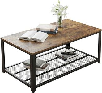 Relaxdays Couchtisch, Industrial Style, HxBxT: 45 x 106 x 60cm, Holzoptik, Gitterablage, Wohnzimmertisch, braun/schwarz