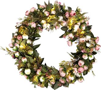 SOLUSTRE Blumenkranz LED- Leuchten Frühlingskranz Rose Blumenfronttürdekoration für Home Zimmer Garten Lintel Valentines Tag Weihnachtsfeier (11. 8 Zoll Rosa R