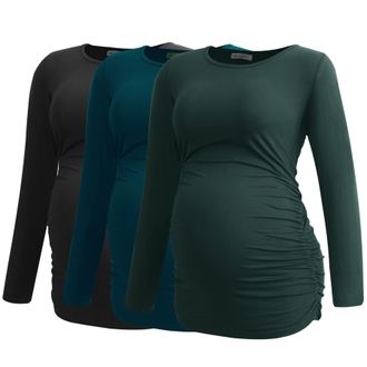 Smallshow Womens Umstandsmode Lange &auml;rmel Umstandsshirt Maternity Tops 3er Pack,Black-Deep Green-Teal,2XL