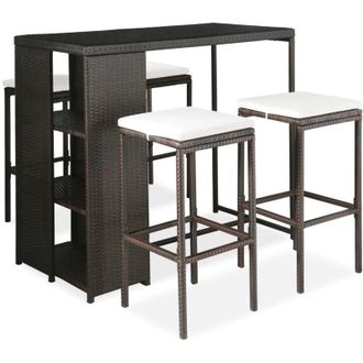 vidaXL Vidaxl - Ensemble de bar de jardin 5 pcs - R&eacute;sine tress&eacute;e marron - Coussins &eacute;pais amovibles - Table 120x60x110 cm - Tabourets 38x38x76 cm