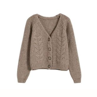 Generic Pull de printemps torsad&eacute; taille haute col en V bouton tendance couleur unie cardigan en tricot ample pour femme, Camel, XXL