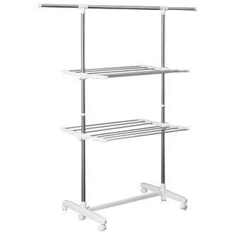 HOMCOM Turmwäscheständer ausziehbar Standtrockner mit 3 Ebenen, klappbare Flügel, Rollen, Wäschetrockner für Innen und Außen, Weiß, 83-136,5 x 45,5 x 154 cm